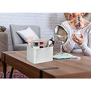 HofferRuffer Faux Leather Basket Tote Bin Caddy, Remote Control Holder, Portable Skincare Makeup Storage Organizer Caddy Tote with Handle, 7.3 x 5.5 x 6.7 inches (Silver)