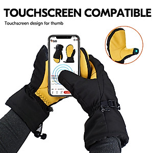 Vgo... 1Pair -30℃/-22°F or Above Cow Leather Warm Ski Gloves,Winter Snow Gloves,3M Thinsulate Waterproof Gloves(Size M,Black,CA2472FLWP)