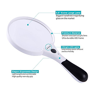 5.5-Inch Extra Large Handheld Magnifying Glass with LED Light, Oversize Reading Magnifying Loupe 2X 4X 25X Zoom Illuminated Magnifier Lens for Hobby Art Crafts Inspection & Low Vision Aids