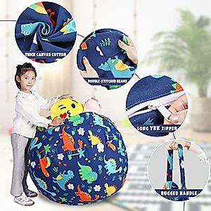 LOLOMLO Stuffed Animal Storage Bean Bag Chair Cover, Hold Kids Plush Toys Blankets Towels Beanbag (Cover Only), Floor Circle Stuff Sit Seat Sofa with YKK Zipper, Large 32", Canvas Dinosaur