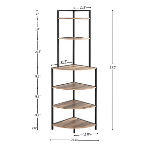 JOIN IRON Freestanding Corner Shelf, Industrial Style 6-Layer Corner Bookshelf with Metal Frame, Suitable for Corner bookcases in Small Spaces, bedrooms, Living Rooms, Rustic Brown