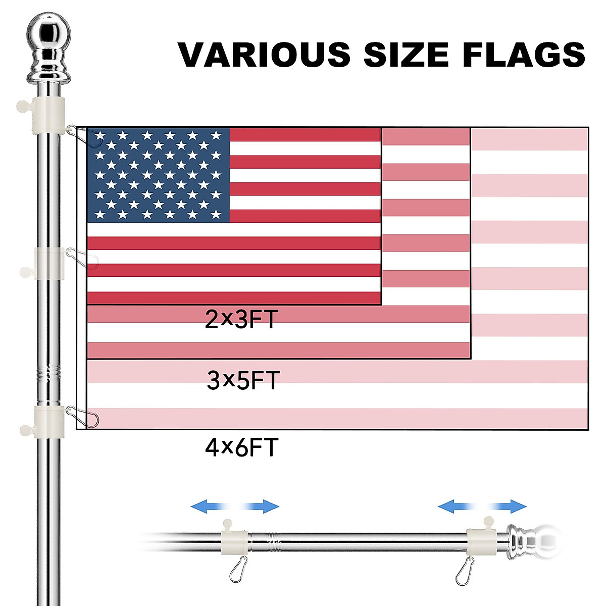 GLORYA 5ft Flag Pole with Holder - 1" American Flag Pole Kit for Outdoor - House Tangle-Free Flag Pole with Clips - Stainless Steel Wall Mounted Spinning Flag Pole for Residential and Commercial