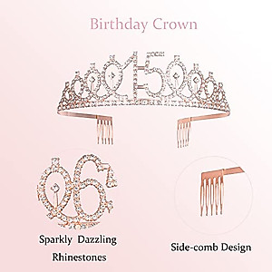 15th Birthday Decorations for Girls，Rose Gold 15 Birthday Crown Tiara ，Cake Topper, Birthday Sash with Peal Pin and Birthday Candles Kit,15th Birthday Gifts for Girls