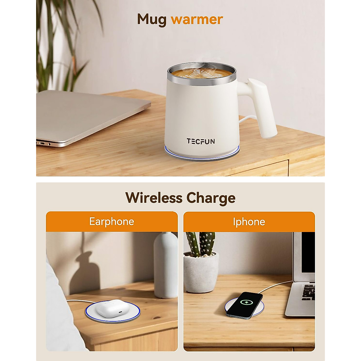 TECFUN Coffee Mug Warmer, [2024 new Wireless Heating Tech][0 Fire Risk][2 In 1 Mug Warmer & Wireless Charger] 12oz Mug with Lid, Coffee Warmer for Desk, Tea Cup Warmer, Gifts for her/him