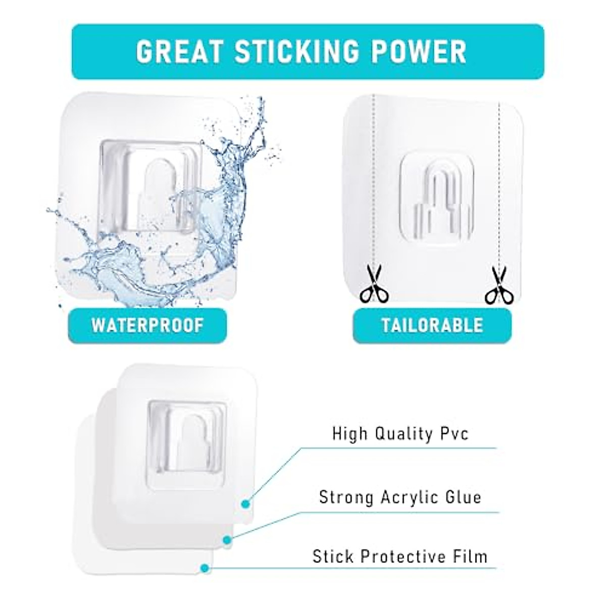 Qianyu 50Pcs Double Sided Adhesive Wall Hooks Transparent Wall Adhesive Hooks for Hanging Clip Rain Sticky Hooks Clear Waterproof Utility Sticker Hook for Shower Bathroom Kitchen Office Basket Picture
