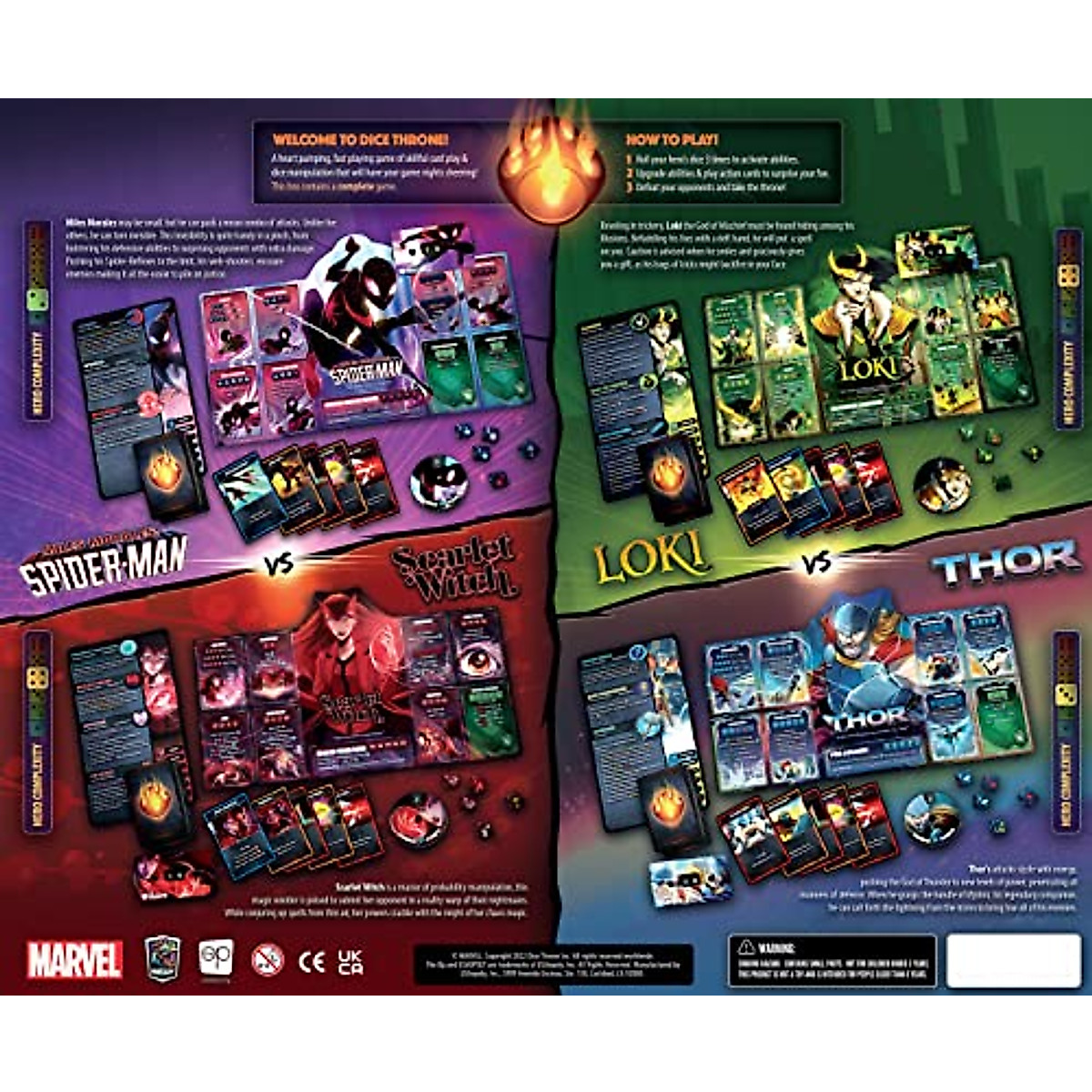 Marvel Dice Throne | 4 Hero Box Featuring Scarlet Witch, Thor, Loki, Spider-Man | 2-to-4 Player Competitive Dice Game | Officially-Licensed | Compatible with The Dice Throne Ecosystem