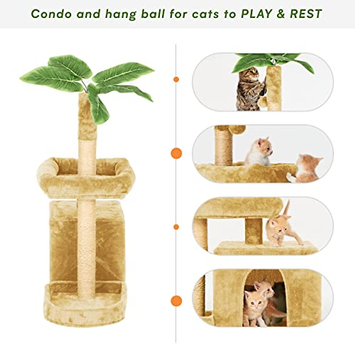 TSCOMON 31.5" Cat Tree Cat Tower for Indoor Cats with Green Leaves, Cat Condo Cozy Plush Cat House with Hang Ball and Leaf Shape Design, Cat Furniture Pet House with Cat Scratching Posts, Beige