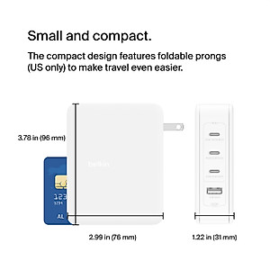 Belkin 140W 4-Port GaN Wall Charger, Multi-Port Charger Block w/USB-C Power Delivery Fast Charge & USB-A Port for Apple MacBook, iPhone 15 Series, iPad Pro, Samsung Galaxy S24, Google Pixel, & More