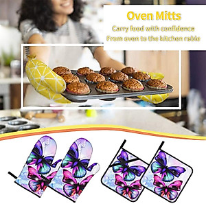 4-Piece Oven Glove and Pot Holder,Purple Butterfly (2),Heat-Resistant Oven Glove and Pot Holder,Can Be Used for Cooking and Grilling