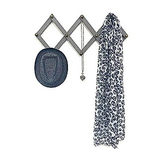THE NIFTY NOOK Wall Mounted Wood Expandable Accordian Coat Rack Hanger 10 Metal Pegs - 24" Length (Gray)