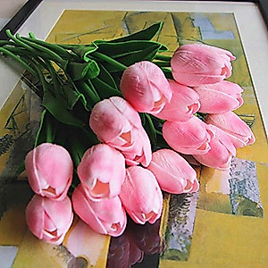 SHINE-CO LIGHTING Artificial PU Tulips 10Pcs Real Touch Fake Flower Arrangement Bouquets for Home Office Wedding Decoration (Pink)