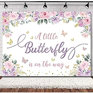 SVBright Butterfly Floral Baby Shower Backdrop 7Wx5H A Little Butterfly is on The Way Pink Purple Flowers Girls Princess Gold Dots Party Decorations Photography Background Banner Photo Booth Studio