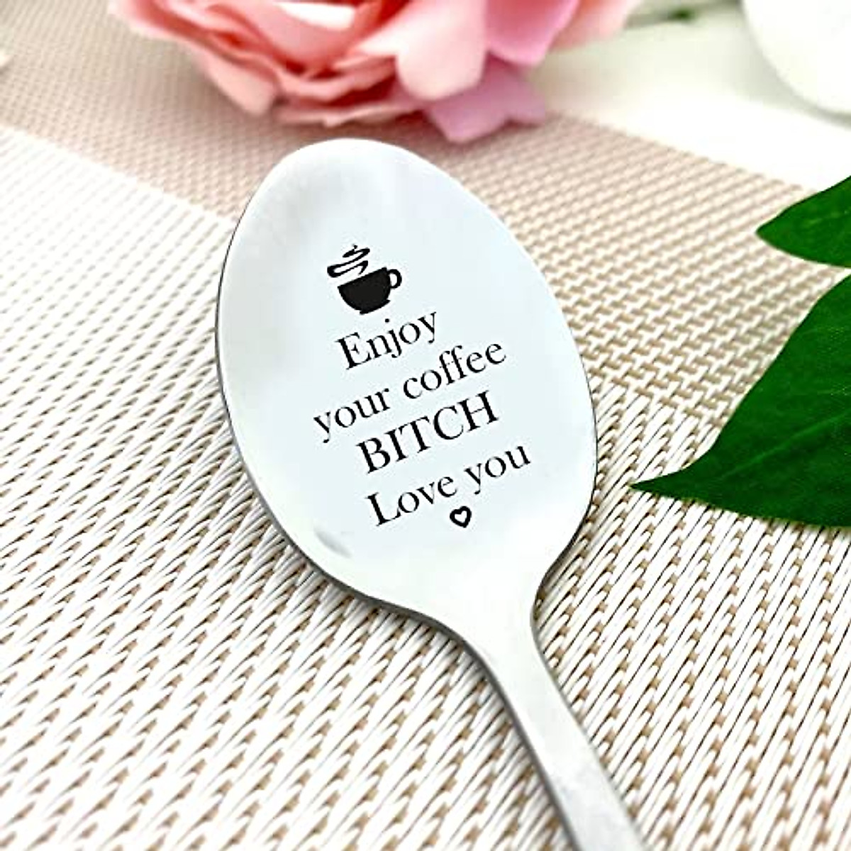 BIGEVENTS Enjoy Your Coffee Bitch I Love You coffee spoons Coffee lover Funny Engraved Spoon funny Gift for Girlfriend Birthday Christmas Thanksgiving Gifts, Silver, 7 inches (A4)