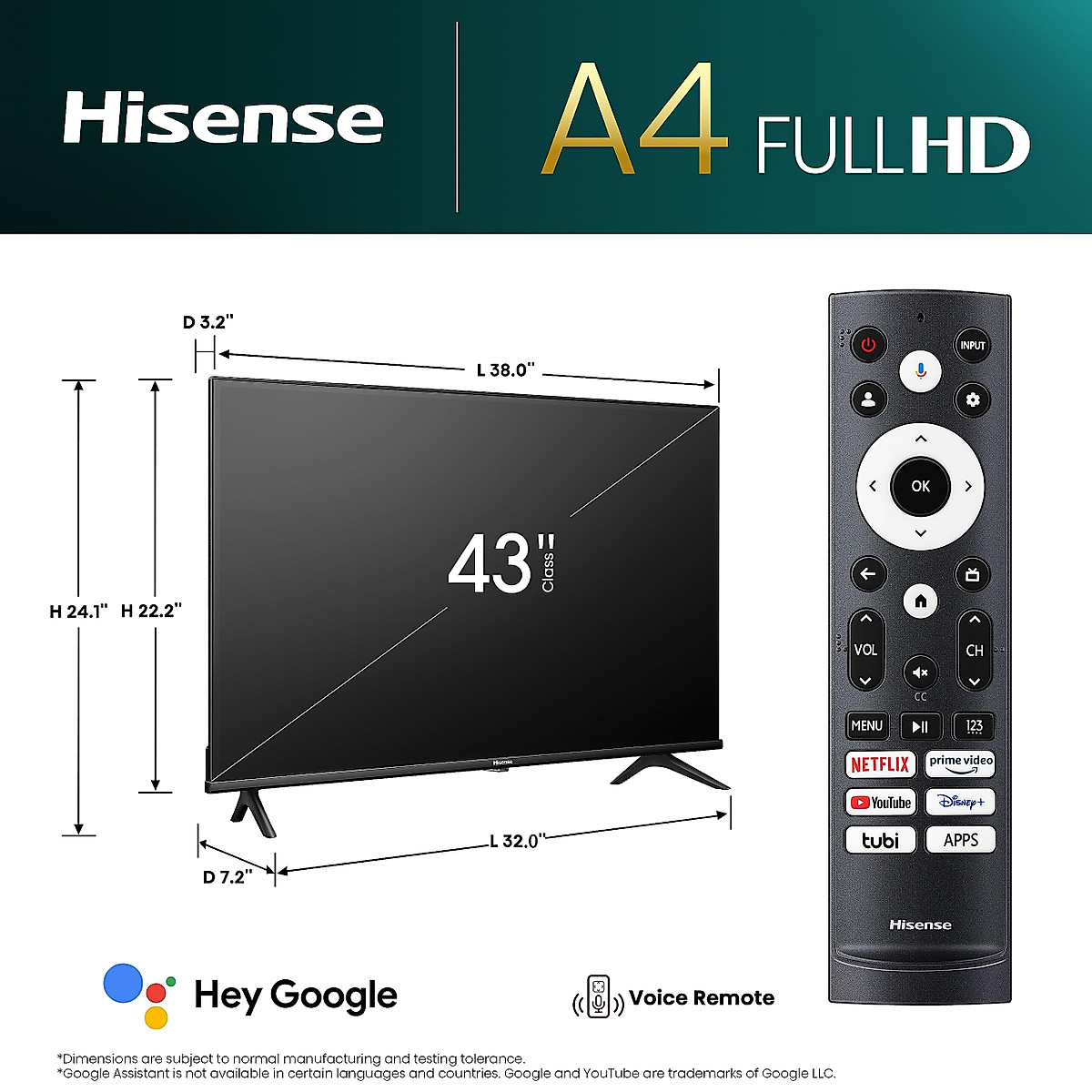 Hisense 43-Inch Class A4 Series FHD 1080p Google Smart TV (43A4K) - DTS Virtual: X, Game & Sports Modes, Chromecast Built-in, Alexa Compatibility