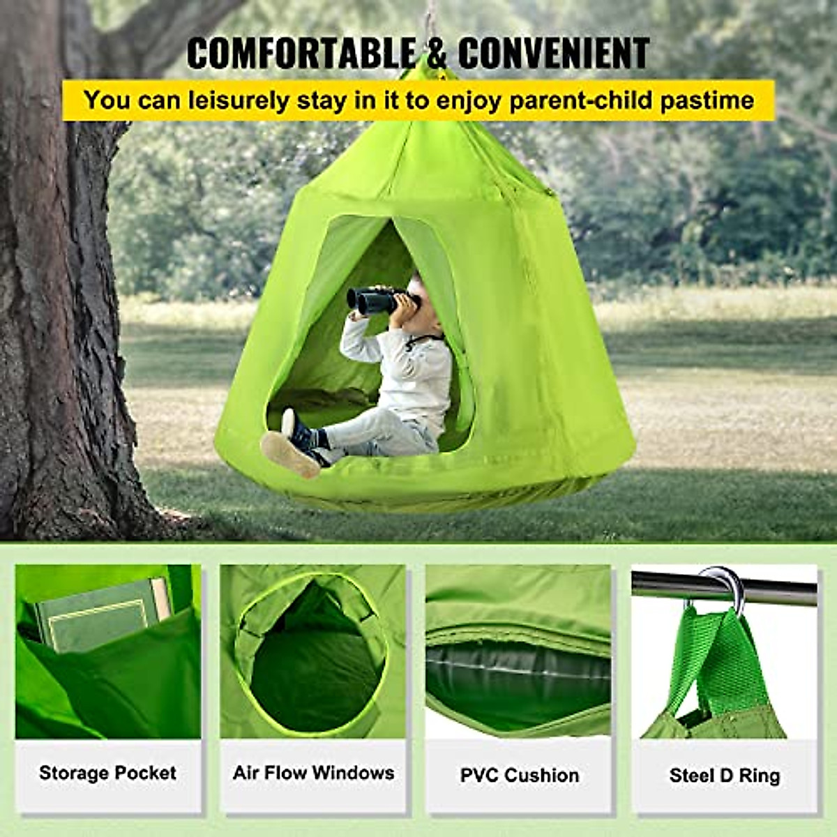VEVOR Hanging Tree Tent, Max.440lbs Capacity, Tree Tent Swing Hangout Hugglepod with LED Rainbow Decoration Light Inflatable Cushion, Ceiling Hammock Tent for Kids & Adult Indoor Outdoor, Green