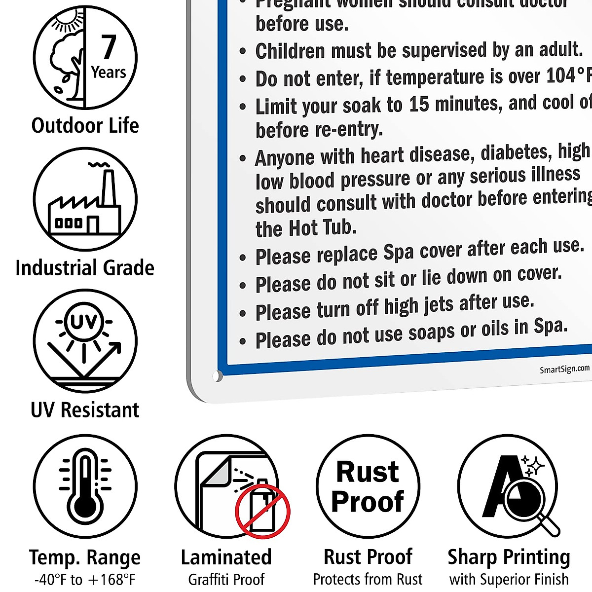 SmartSign 14 x 10 inch “Hot Tub Safety Rules” Metal Sign with Pre-Cleared Holes, 40 mil Laminated Rustproof Aluminum, Blue, Black and White, Made in USA