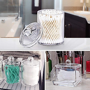Protecu Qtip Holder Apothecary Jars Plastic Qtip Dispenser Clear Containers with Lids | Bathroom Canisters Makeup Organizer for Cotton Ball Swab Rounds Sponge Pad (3 Pack, 2 11 Oz 1 9 Oz)
