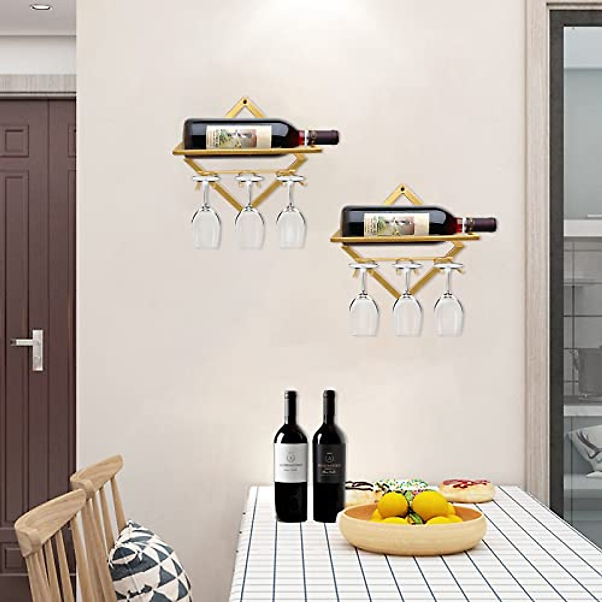 2Pcs Metal Wall Mounted Wine Holder Stemware Glass Rack, Upgrade Collapsible Hanging Red Wine Racks Organizer with 3 Stem Glass Holders, Wine Bottle Display Hanger for Home Kitchen Bar Decor…