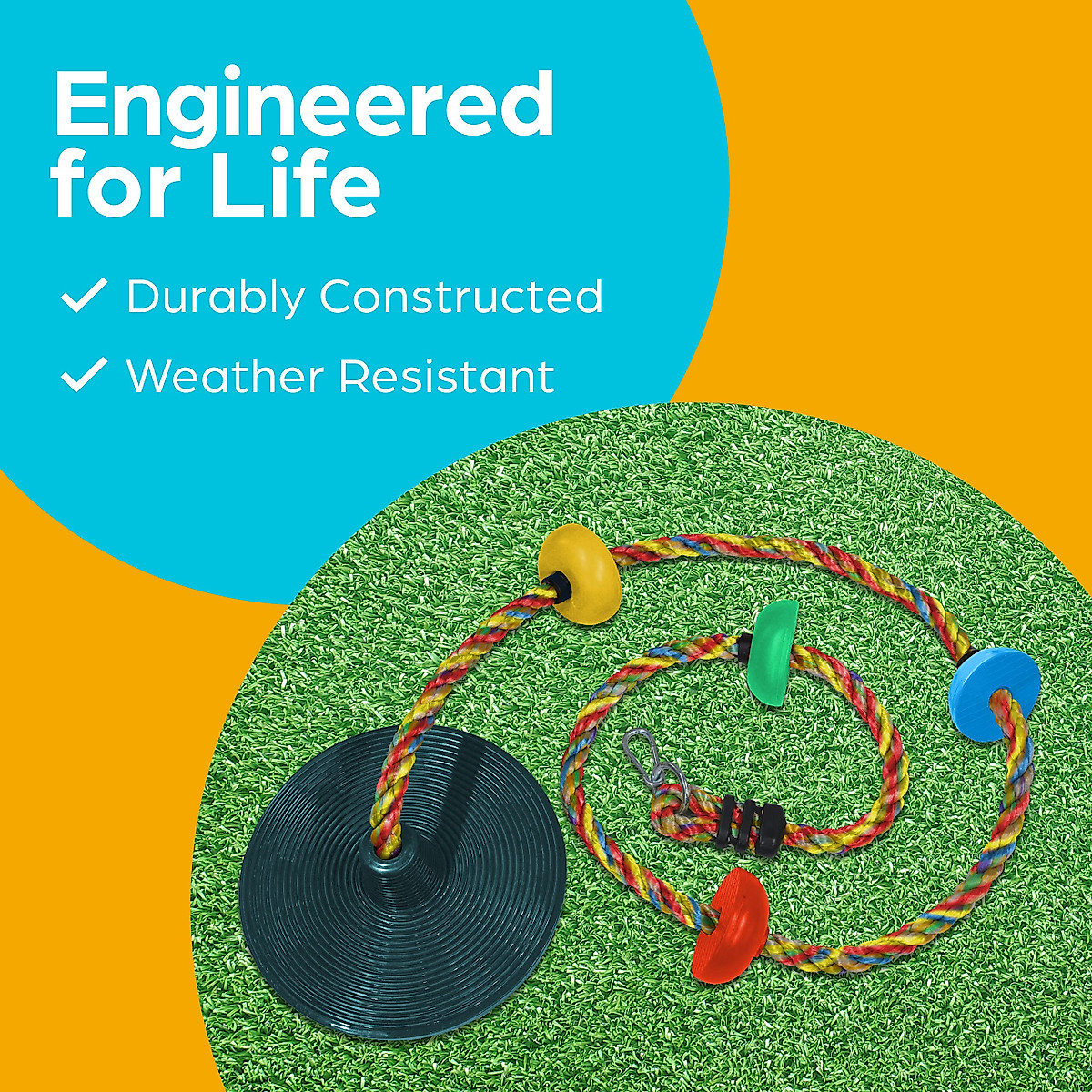 Jungle Gym Kingdom Tree Swing for Kids - Single Disc Seat and Rainbow Climbing Rope Set w/Carabiner and 4 Foot Strap - Treehouse and Outdoor Playground Accessories - Red