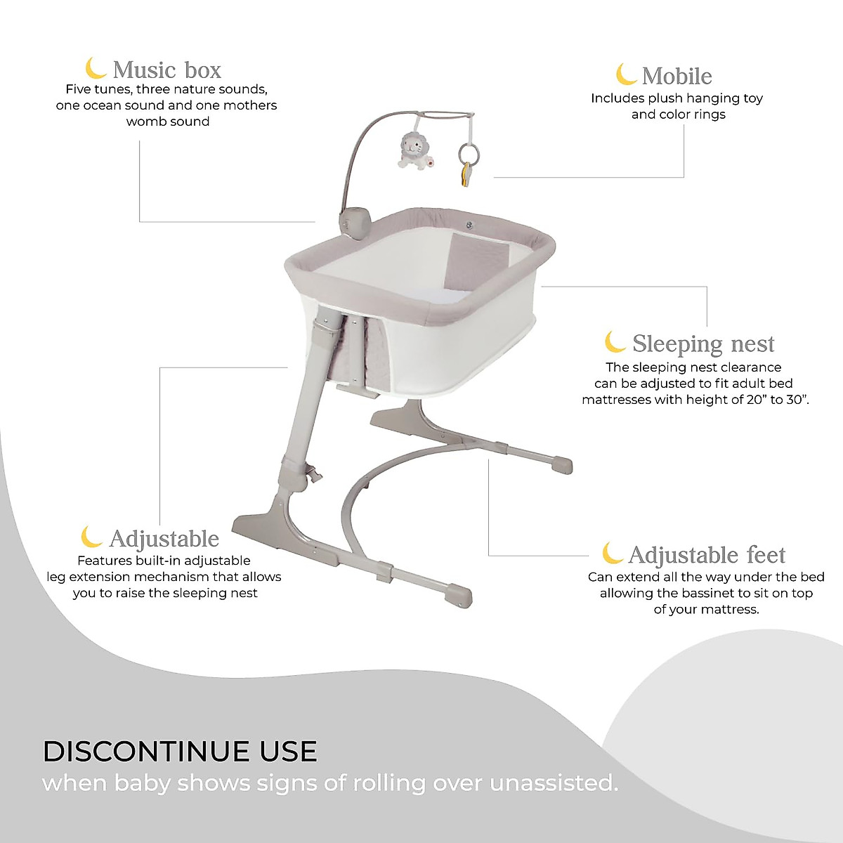 Arm’s Reach Versatile Co-Sleeper Bedside Bassinet Featuring Height-Adjustable Legs with Adjustable Feet, Mobile with Plush Hanging Toy, and Music Box that Plays 5 Tunes, Misty