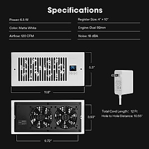 VIVOSUN Quiet Register Booster Fan 4”×10”, Smart Register Vent with Intelligent Thermostat Control, Cooling Heating AC Vent Booster Fan, Matte White