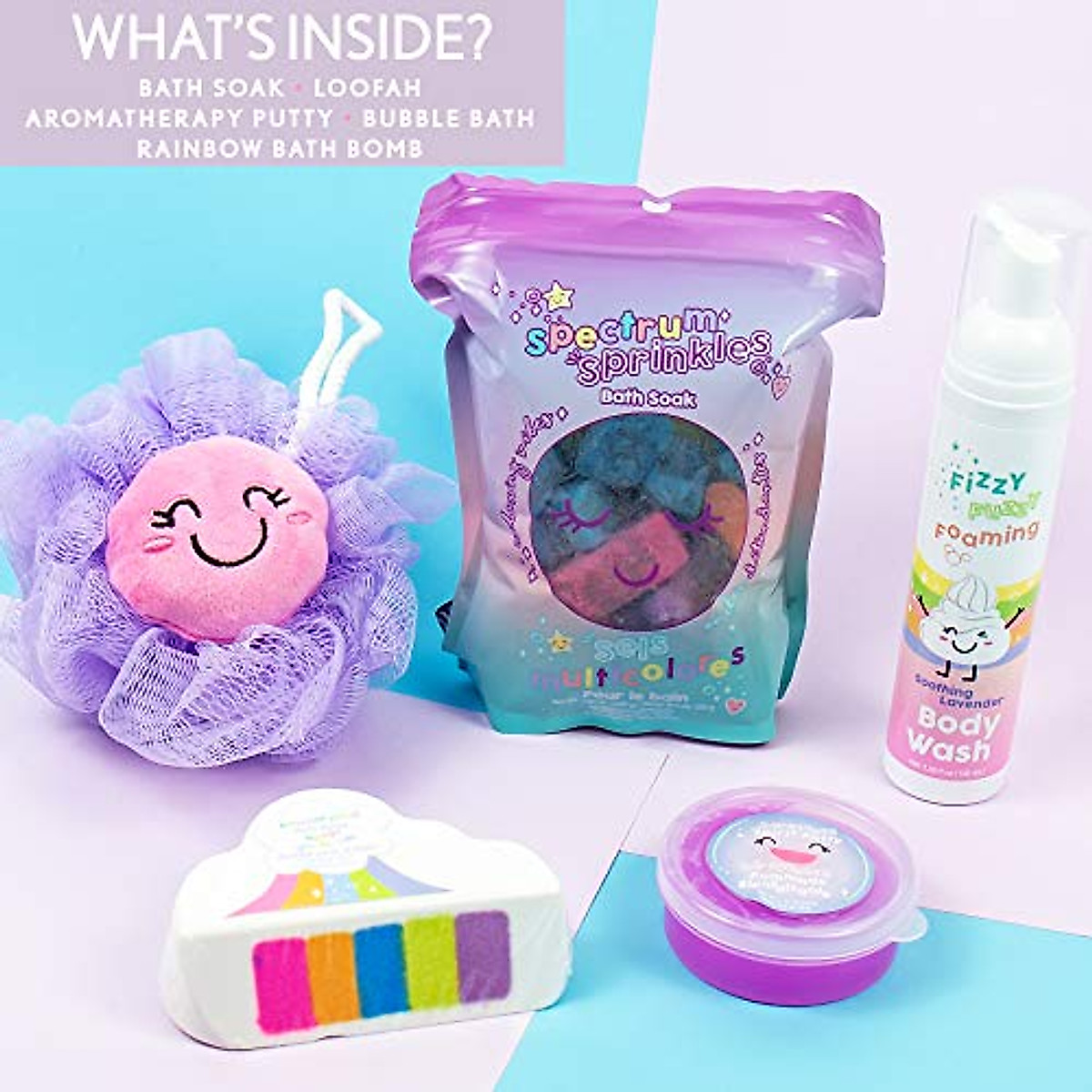 Just My Style MoodJoy Soak in Spirits Bubbly Bath Time Set by Horizon Group USA, Bath Spa Essentials, Lavender Bubble Bath, Rose Bath Soak, Magic Rainbow Bath Bomb, Aromatherapy Bath Kit, Bath Set