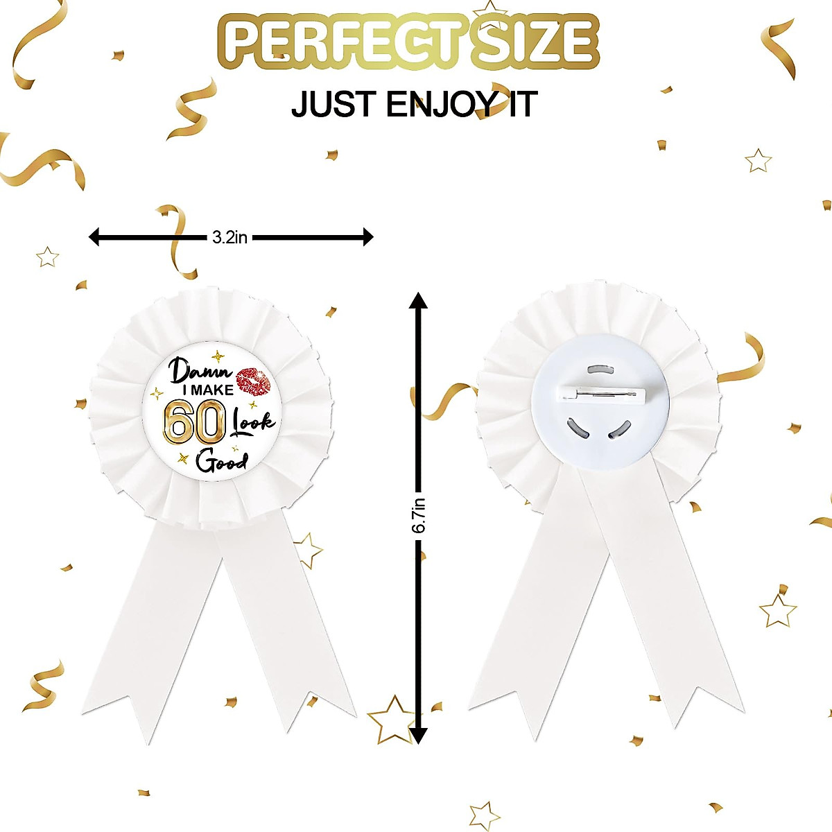 White Happy 60th Birthday Tinplate Badge Pin, White Rosette 60th Birthday Button for Women, It's My 60th Birthday Award Badge Pin, Happy 60th Birthday Party Decorations