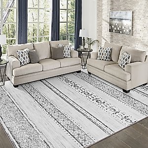 Area Rugs 9x12 Living Room: Large Machine Washable Rug with Non-Slip Backing Stain Resistant Soft Geometric Moroccan Carpet for Bedroom Dining Nursery Room Home Office - Gray/Ivory