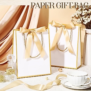 Silkfly 24 Pcs Thank You Gift Bags with Handles Blank Paper Bag Bulk with Bow Ribbon DIY 9 x 7 x 3.15'' Gift Wrapping Bags for Christmas Wedding Baby Shower Birthday Party Gift(White, Gold)