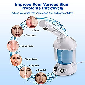 Nano Ionic Facial Steamer with 360° Rotating Nozzle, Portable Facial Steamer for Personal Care Use at Home or Salon Bonus 1 Piece Spa Headband 4 Piece Stainless Steel Skin Kit (White)