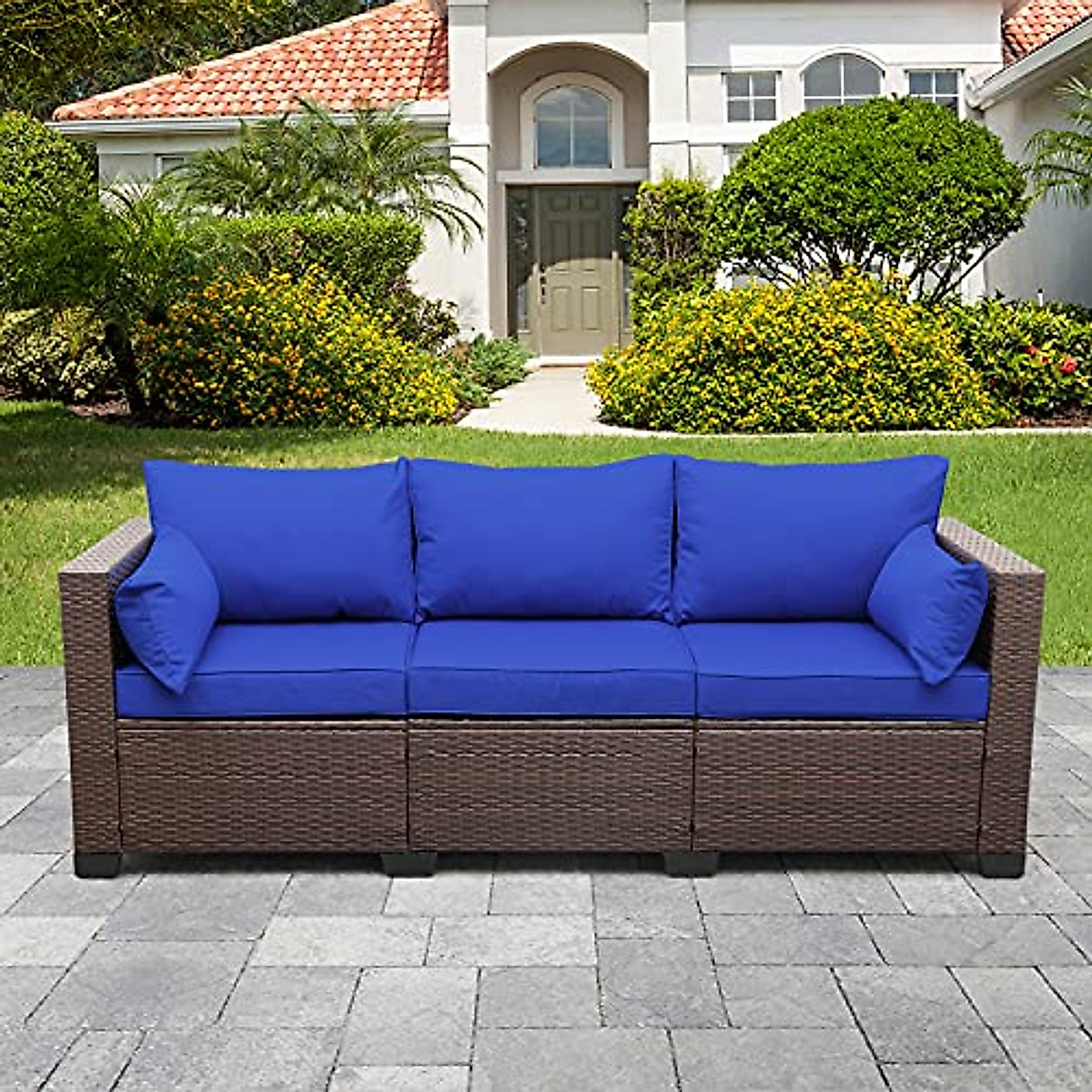 3-Seat Patio PE Wicker Sofa, Outdoor Rattan Couch Furniture Steel Frame with Furniture Cover and Deep Seat High Back, Royal Blue Anti-Slip Cushion