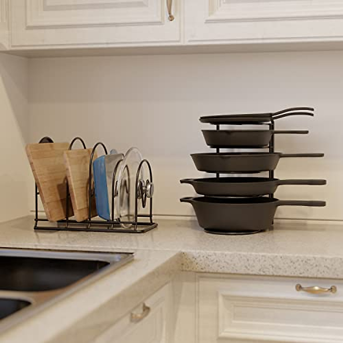 SpaceAid Heavy Duty Pan Organizer Rack for Cabinet, Pot Lid Holder, Kitchen Organization & Storage for Cast Iron Skillet, Bakeware, Cutting Board - No Assembly Required (2 pack)