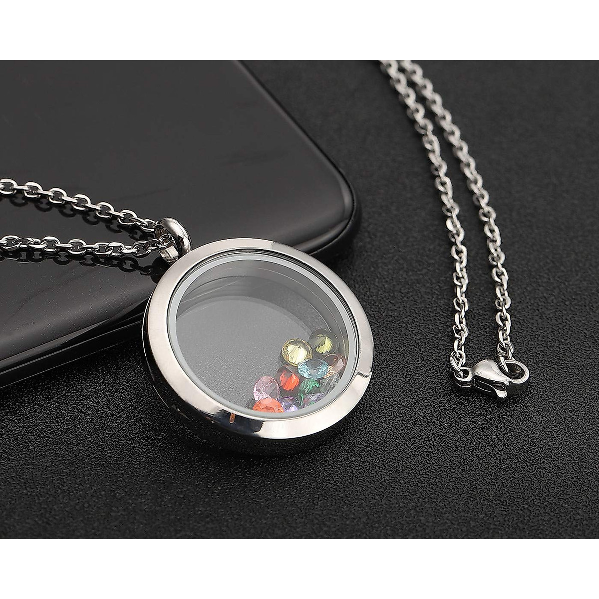 PiercingJ Living Memory Floating Locket Pendant Necklace Polished Round Stainless Steel Memorial Keepsake Glass Locket Necklace for Women, Free 12pcs Cubic Zirconia Birthstone