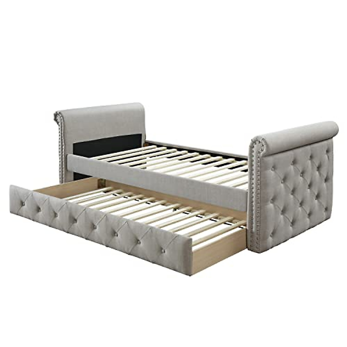 DG Casa Hesdin Daybed with Trundle Platform Bed Frame with Button Tufting Nailhead Trim andFull Wooden Slats, Box Spring Not Required - Traditional Upholstered Twin Size Day Bed in GreyFaux Velvet