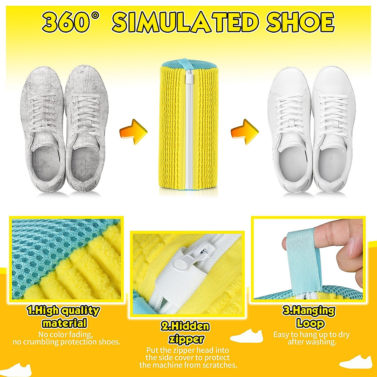 Ruirgo Shoe Washing Bag for Washing Machine – 360° Deep Cleaning, Unstain Laundry Shoe Bag for Washer and Dryer, Perfect for Sneakers, Tennis Shoes - Yellow 2 Pcs