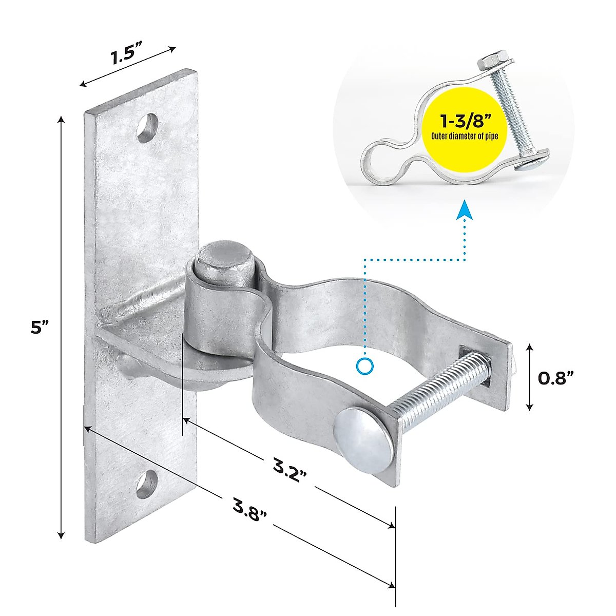 Wall Mount Gate Hinge | Pipe Gate Hinge 2 Pack Chain Link Fence Gate Hinges Fence Post Chain Link Gate Hinge (2)
