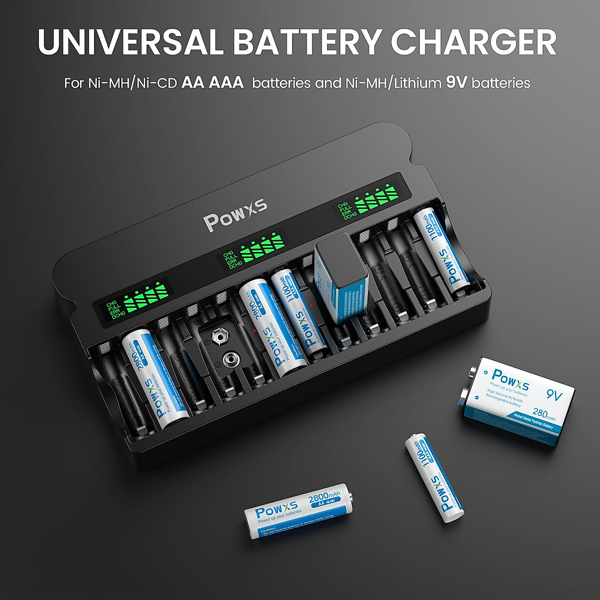 POWXS Rechargeable AA AAA 9V Battery Charger with 1800mA High-Speed, 12 Bay Independent Battery Charger for 1.2V Ni-MH Ni-CD AA AAA 9V Rechargeable Batteries and 9V Lithium ion(Include AC Cable)