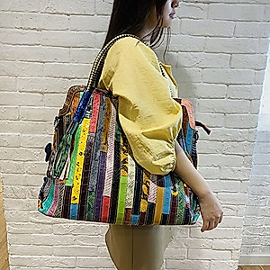 RainboSee Women OverSize Random Multicolor Purse Handbag Large Capacity Satchel Tote PU Leather Stiching Top Handle Shoulder Bag