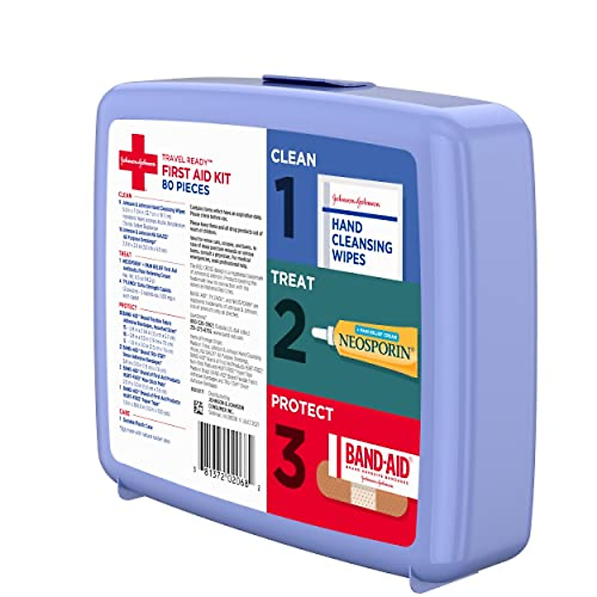 Johnson & Johnson Travel Ready Portable Emergency First Aid Kit for Minor Wound Care with Assorted Adhesive Bandages, Gauze Pads & More, Ideal for Travel, Car & On-The-Go, 80 pc
