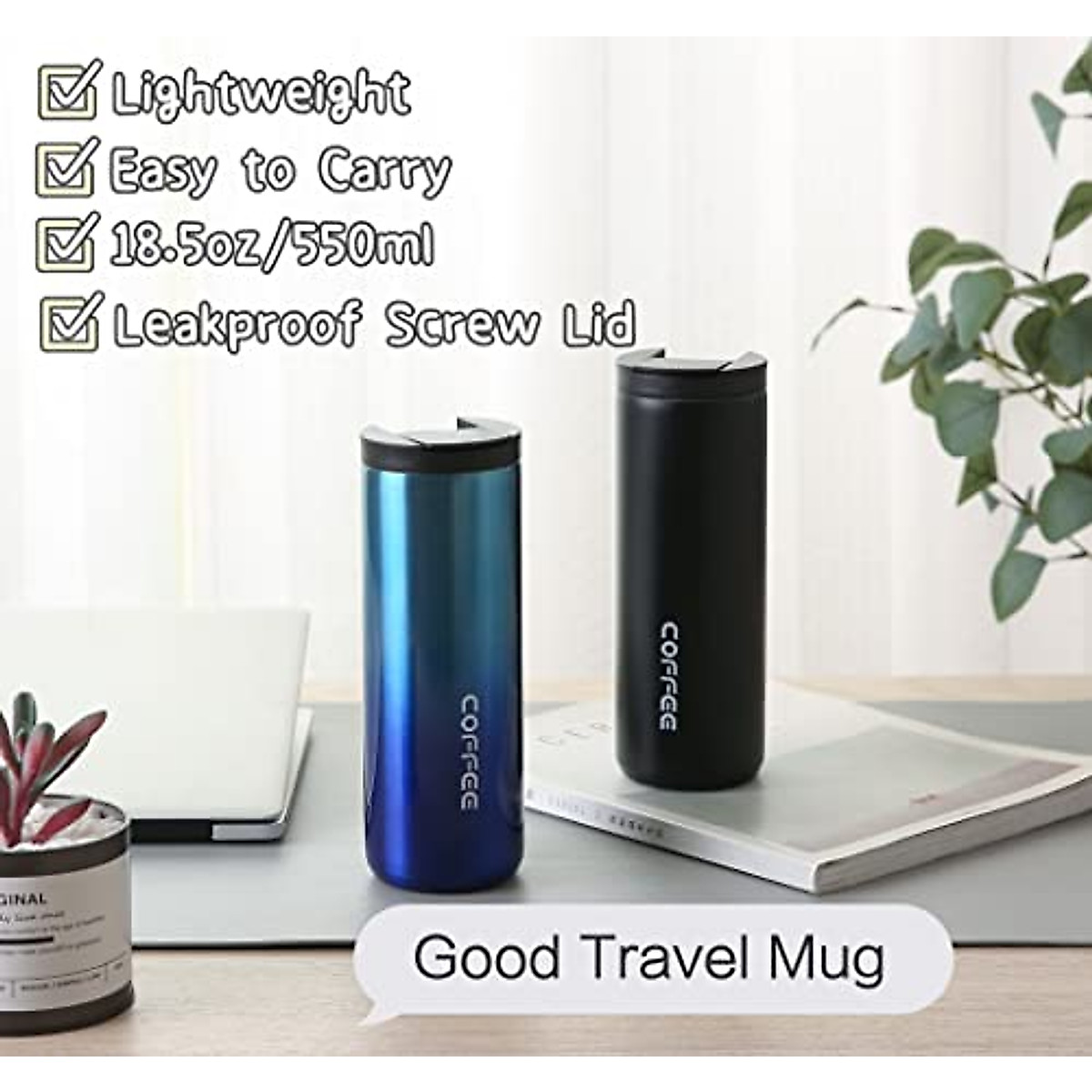 Hikaru Insulated Coffee Mug Travel Coffee Mug Stainless Steel Coffee Mug Leakproof with Screw Lid Double Wall Coffee Cup Keep Warm for Coffee Coffee Insulated Tea Mug 550ml/18.5oz (Blue), 18.5 ounce