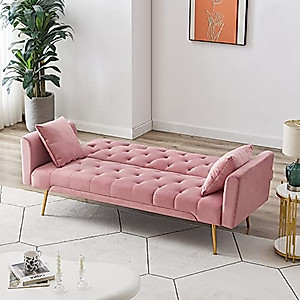 ERYE 3-in-1 Upholstered Futon Loveseat Convertible Sleeper Bed,2-Seaters Sofa & Couch Soft Cushions Love Seat Daybed for Small Space Living Room Napping Sofabed, Pink Velvet Metal Legs