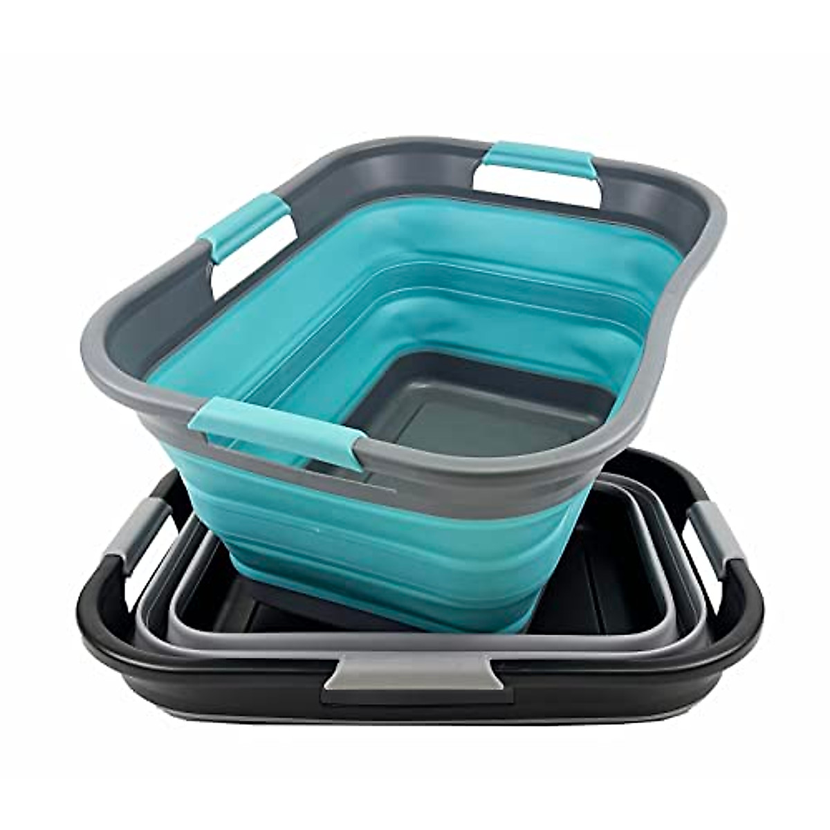 SAMMART 30L (8 gallon) Set of 2 Collapsible Plastic Laundry Basket - Foldable Pop Up Storage Container/Organizer - Portable Washing Tub - Water capacity: 24L (6.3 gallon) (Alloy Grey + Crystal Blue)