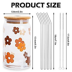 Whaline Drinking Glasses with Bamboo Lids and Glass Straw 4pcs Set - 16oz Can Shaped Glass Cup, Beer Glass, Iced Coffee Glass, Cute Tumbler Cup, Ideal for Cocktail, Whiskey, Gift - 2 Cleaning Brushes