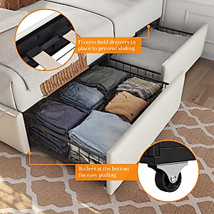 Yaheetech Queen Upholstered Bed Frame with 4 Drawers and Adjustable Headboard, Faux Leather Platform Bed with Mattress Foundation Strong Wooden Slats Support, No Box Spring Needed, Beige