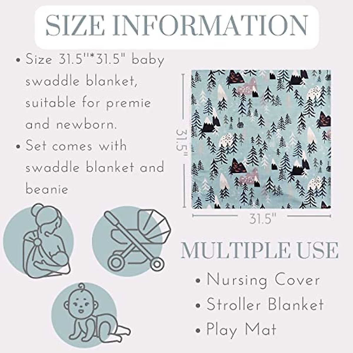 Bellasignoro Newborn Receiving Blanket Swaddle Blanket Hat Set for Baby Snug Wrap (Mountain&Tree)