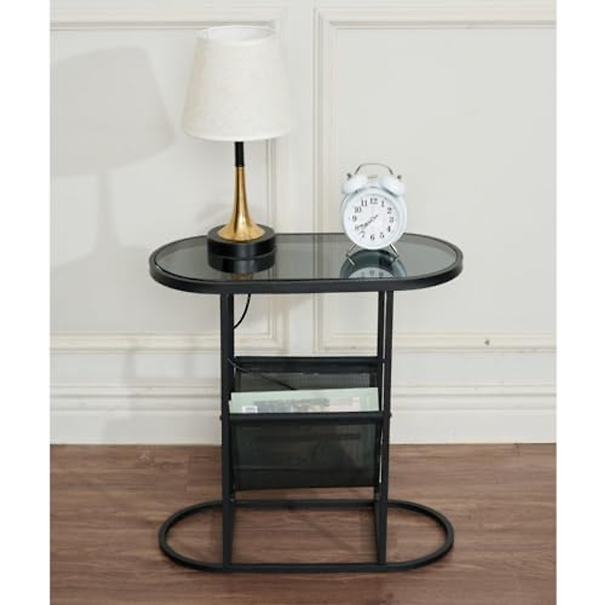 HoRunzelin Modern Oval End Table with Leatherette Magazine Sling, Glass Top Small Side Table with Metal Frame, Rustic Snack Accent Table, Black