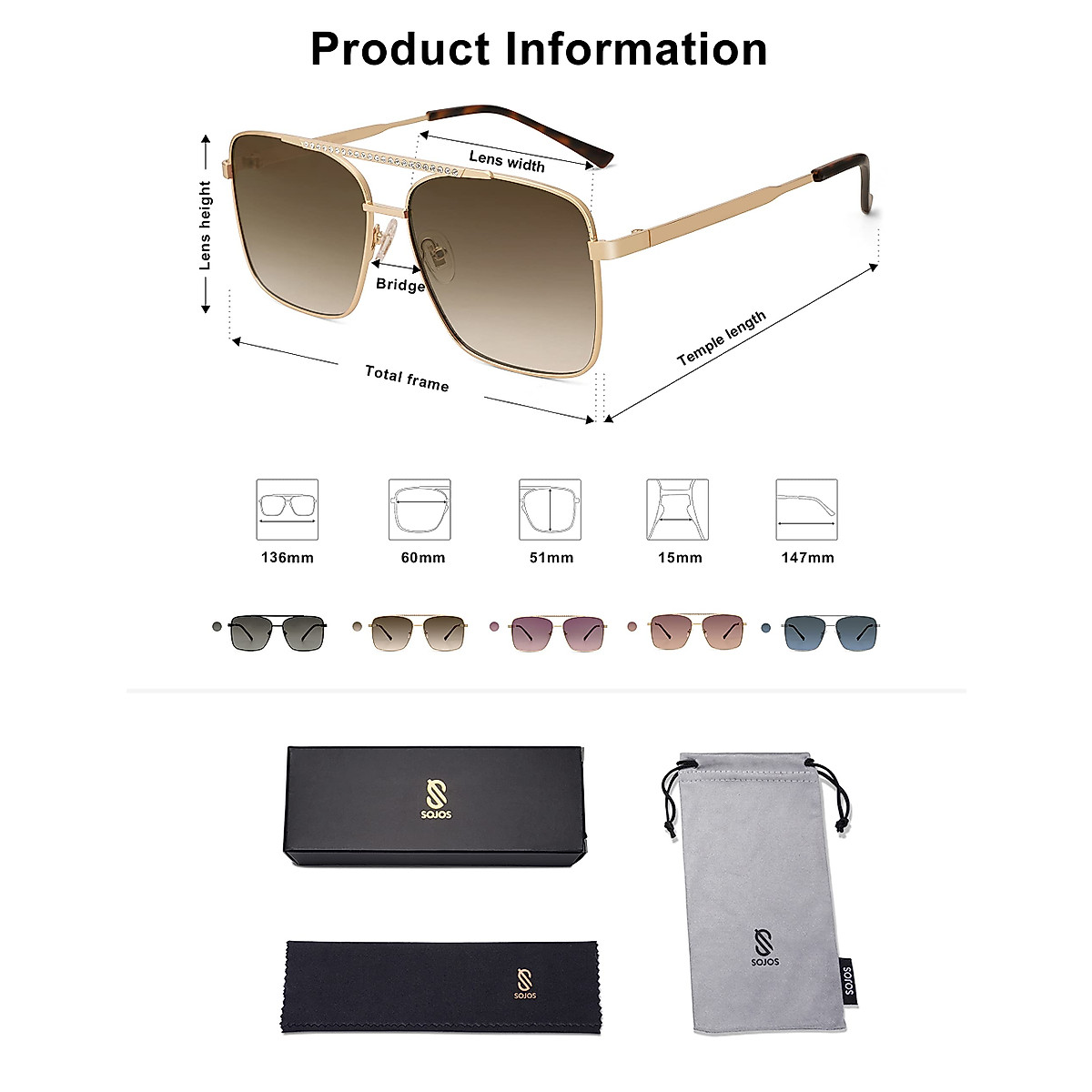 SOJOS Trendy Aviator Sunglasses Womens Oversized Retro Rhinestone Double Bridge Square Women Shades SJ1195 Gold Frame Coffee Lens