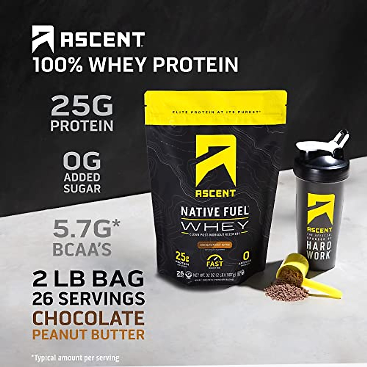 Ascent Native Fuel Whey Protein Powder - Post Workout Whey Protein Isolate, Zero Artificial Ingredients, Soy & Gluten Free, 5.7g BCAA, 2.7g Leucine, Essential Amino Acids, Chocolate Peanut Butter 2 lb