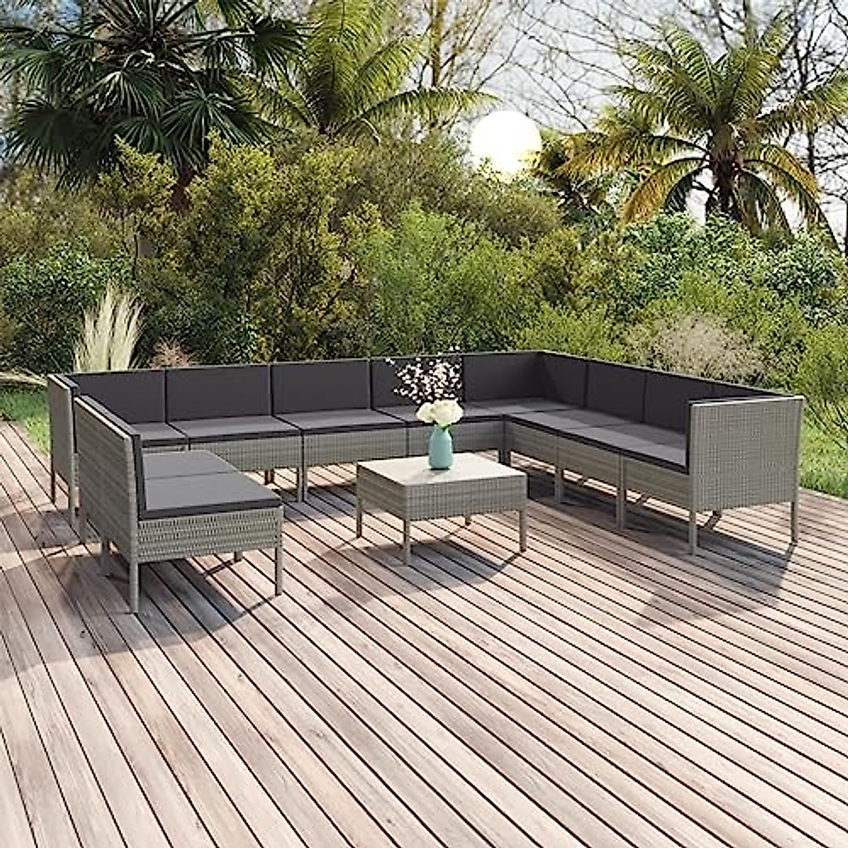 vidaXL 11-Piece Outdoor Patio Lounge Set - Weather-Resistant PE Rattan Furniture with Cushions - Gray - Modern Farmhouse Style