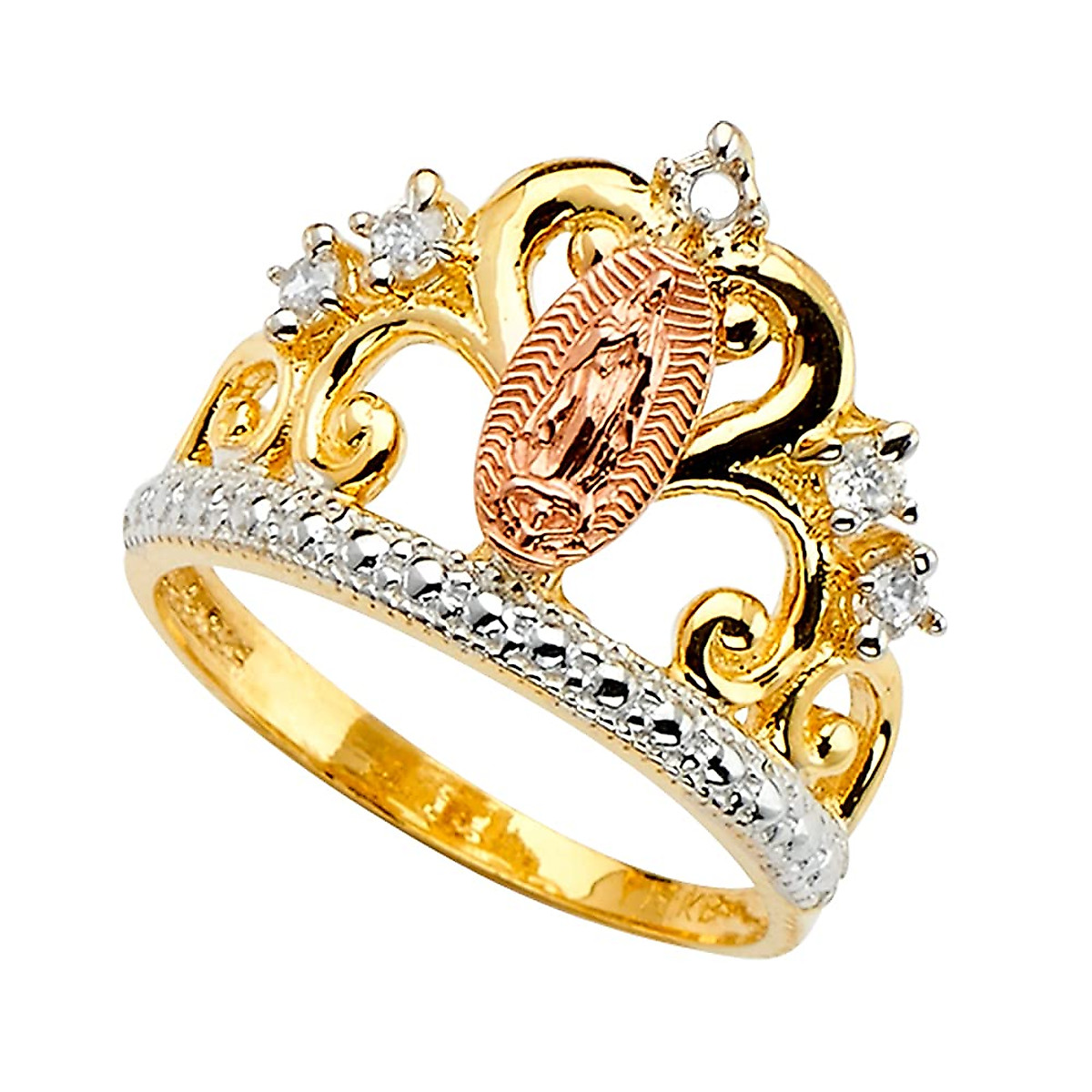 Savlano 18K Gold Plated Yellow & Rose Color Lady of Guadalupe Virgin Mary with Round Cut Cubic Zirconia Women Religious Crown Ring (8)